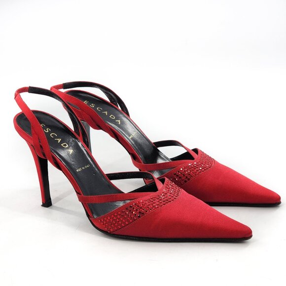 Escada | Shoes | Escada Nwob Red Satin Pointed Toe Slingback Heel Pump ...